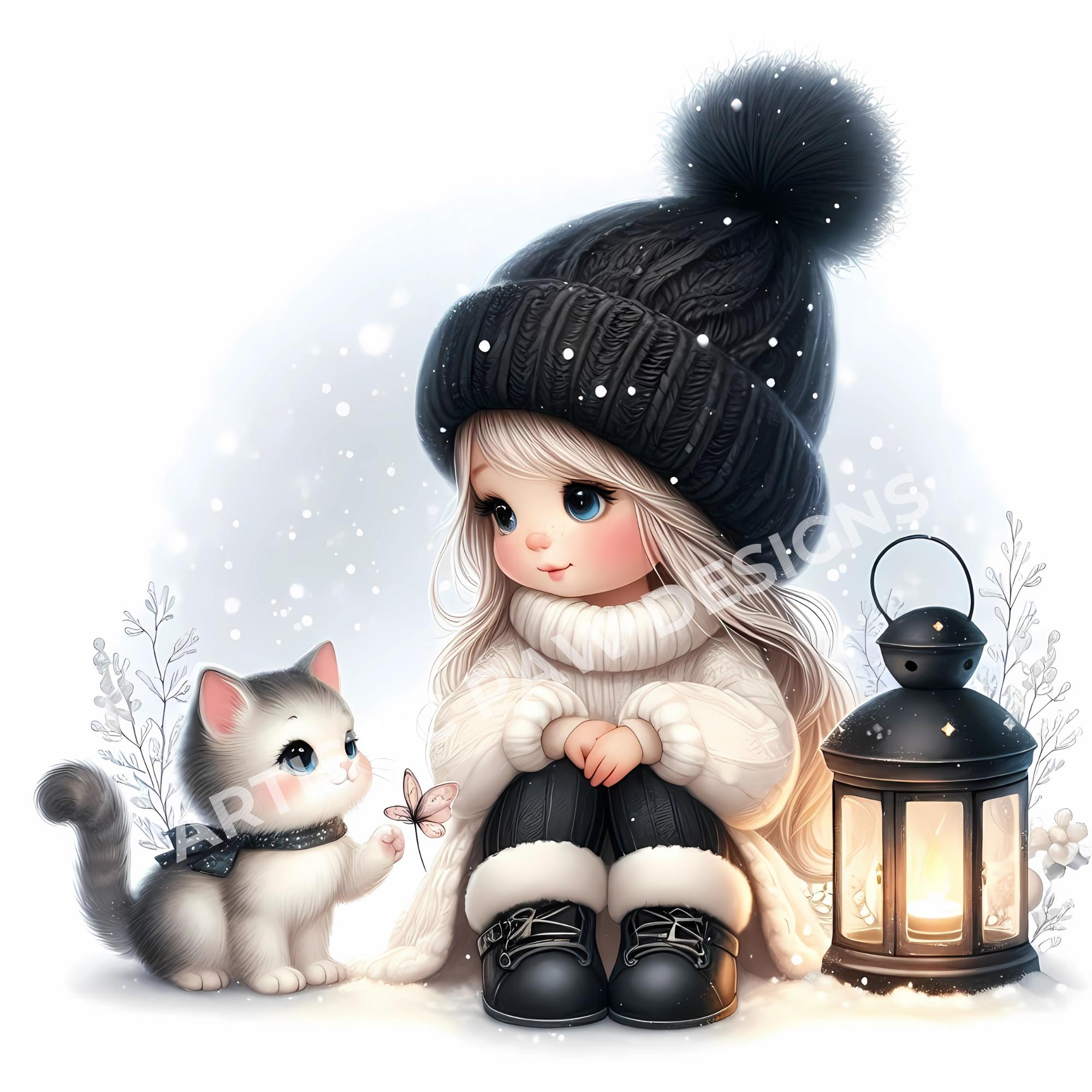 Winter Night Gnome and Cat Clipart | Cozy Watercolor Gnome and Cat ...