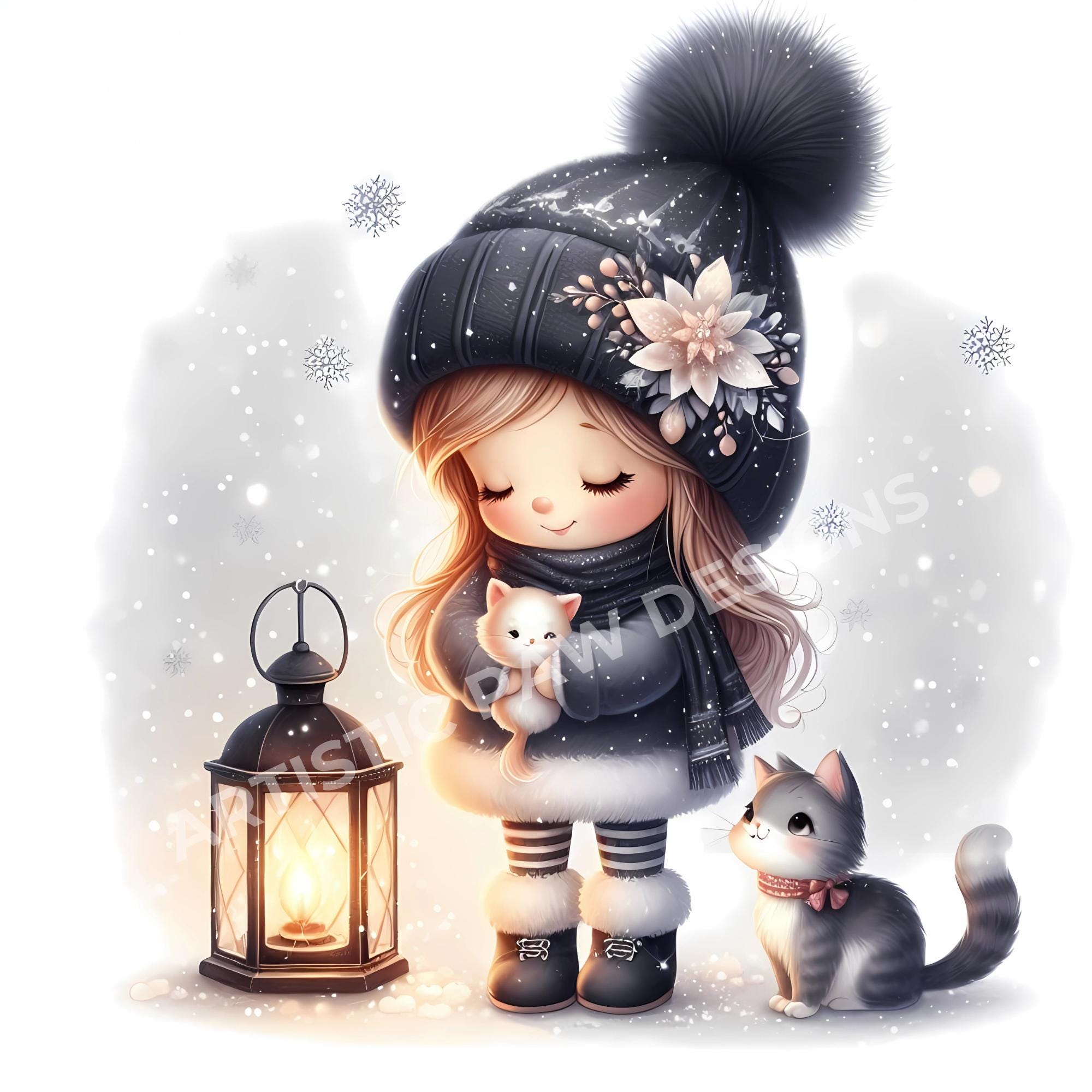 Winter Night Gnome and Cat Clipart | Cozy Watercolor Gnome and Cat ...