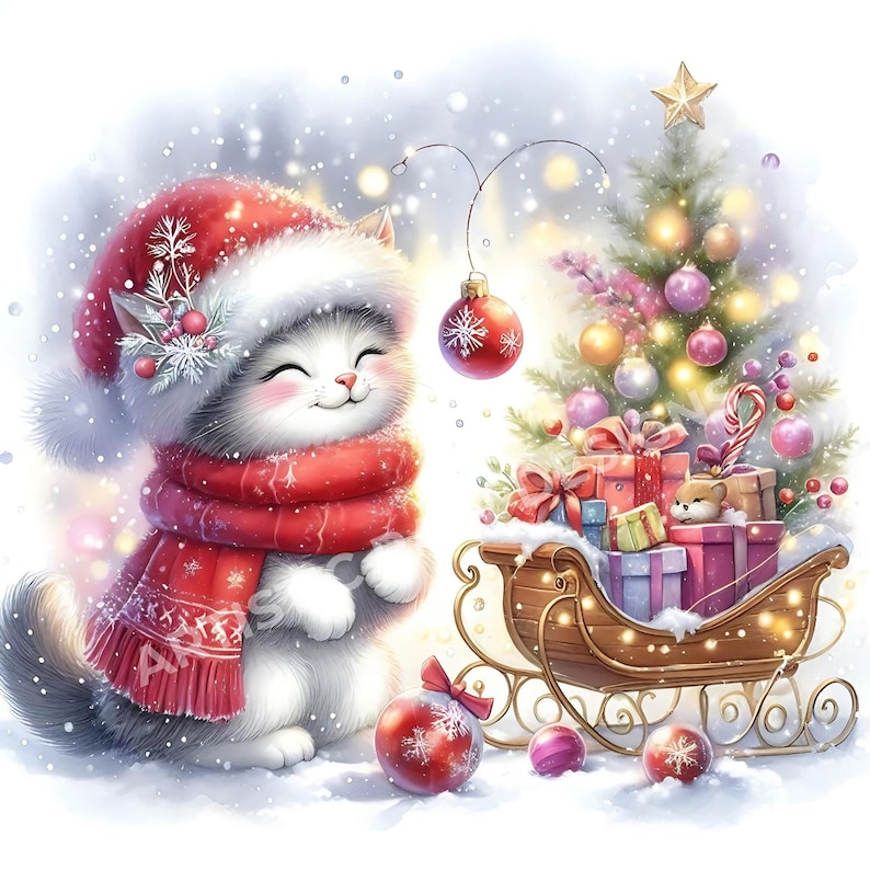 Watercolor Playful Christmas Cat Clipart - Cute Cat Clip Art, Cat Lover ...