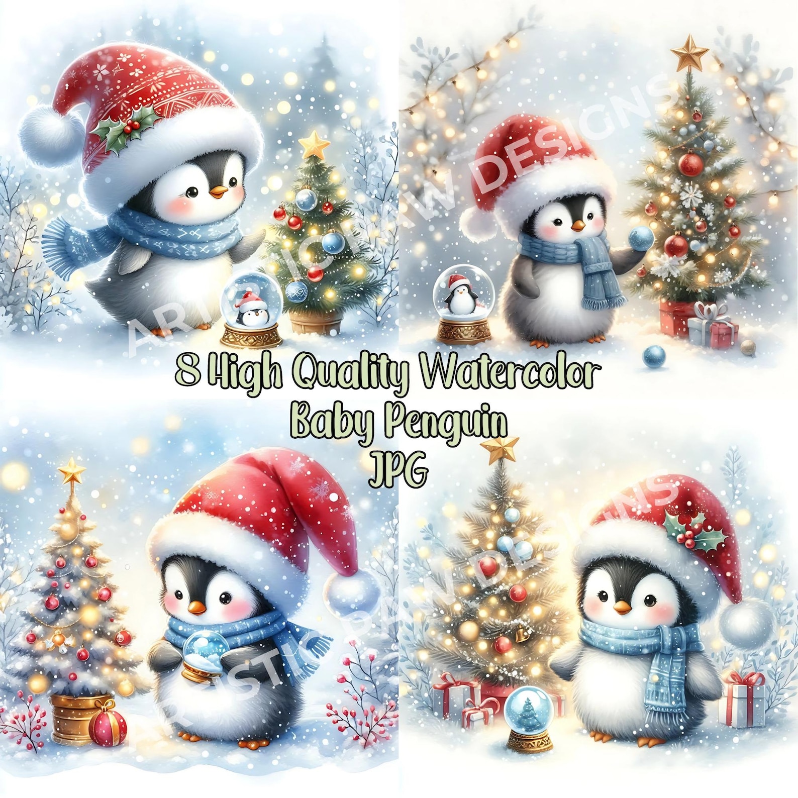 Watercolor Baby Penguin Clipart - Cute Winter Scene Clip Art, Holiday ...