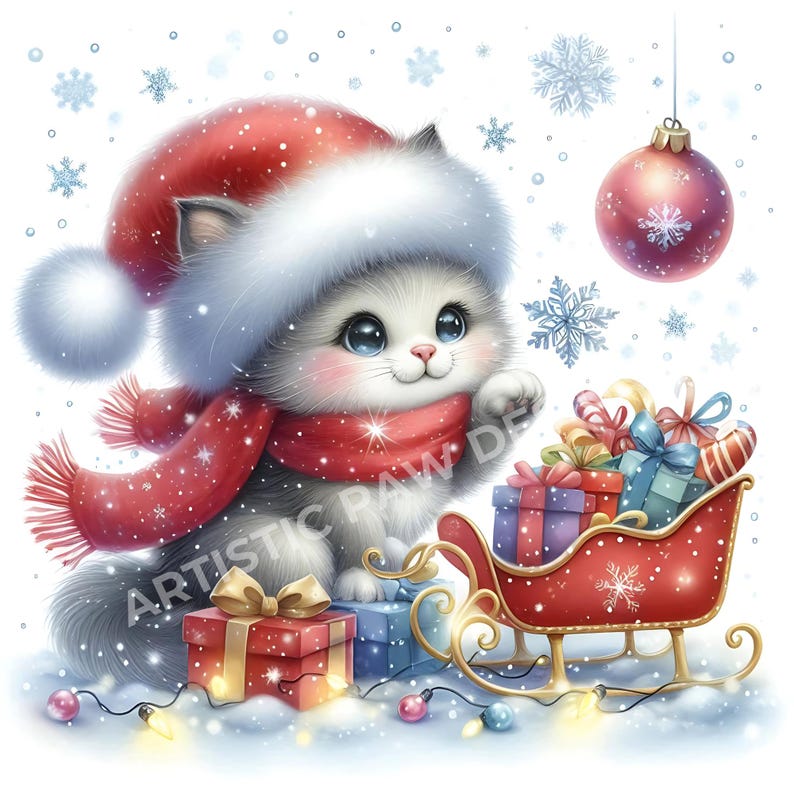 Watercolor Playful Christmas Cat Clipart - Cute Cat Clip Art, Cat Lover ...
