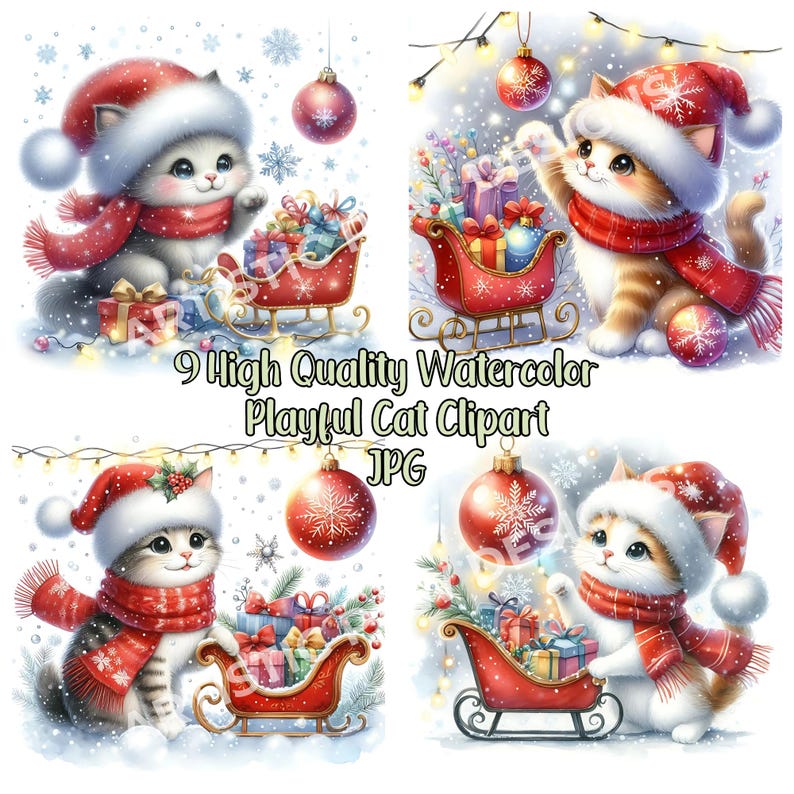 Watercolor Playful Christmas Cat Clipart - Cute Cat Clip Art, Cat Lover ...