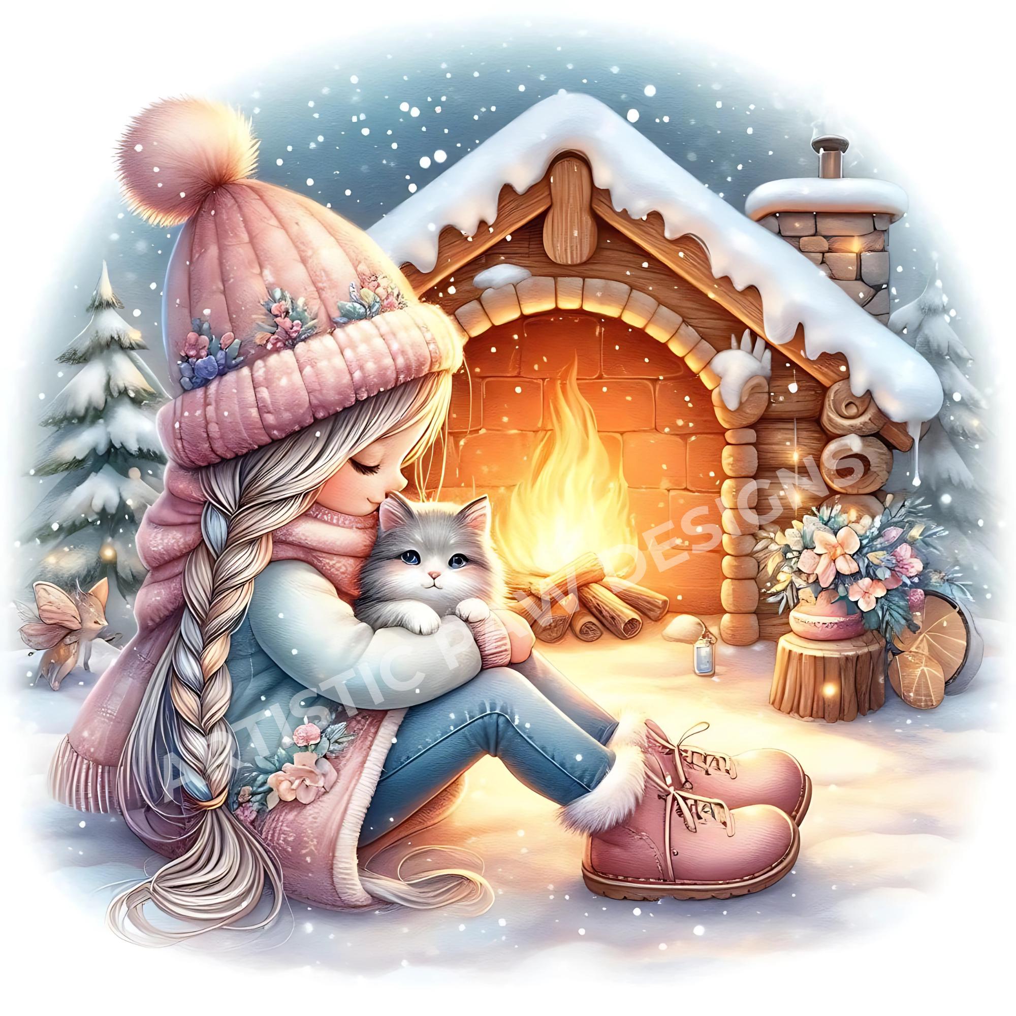 Pastel Gnome and Cat Winter Clipart | Cute Pastel Christmas Gnome JPG ...