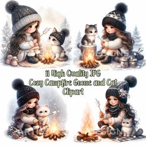 Watercolor Winter Gnome and Cat Clipart | Cozy Night Gnome With Cat ...