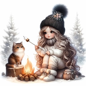 Watercolor Winter Gnome and Cat Clipart | Cozy Night Gnome With Cat ...