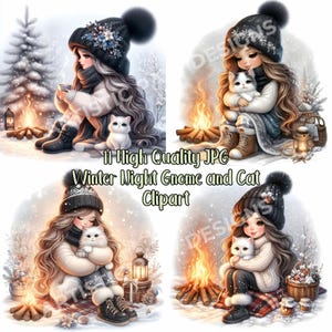 11 Winter Night Gnome and Cat Clipart - Cute Gnome and Cat in a Cozy ...