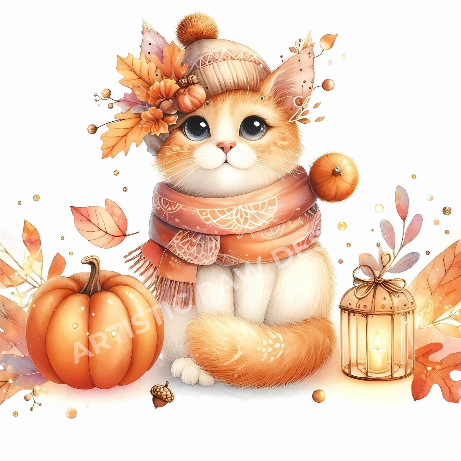 Autumn Cat Clipart - Cute Watercolor Fall Cat Art, Woodland Animal ...
