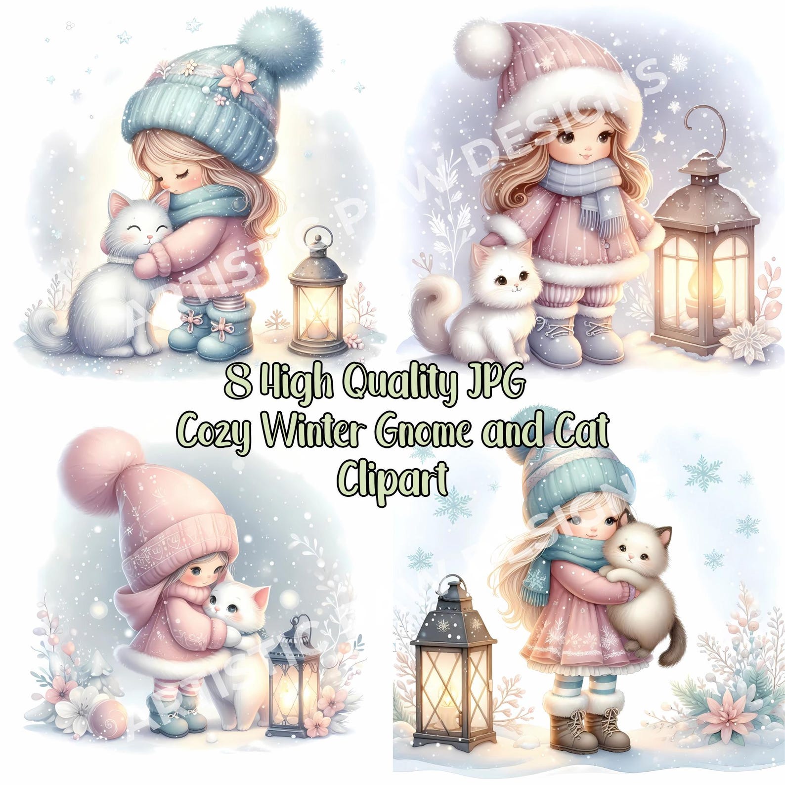 Watercolor Pastel Gnome and Cat Clipart | Cozy Lantern Art for Holiday ...