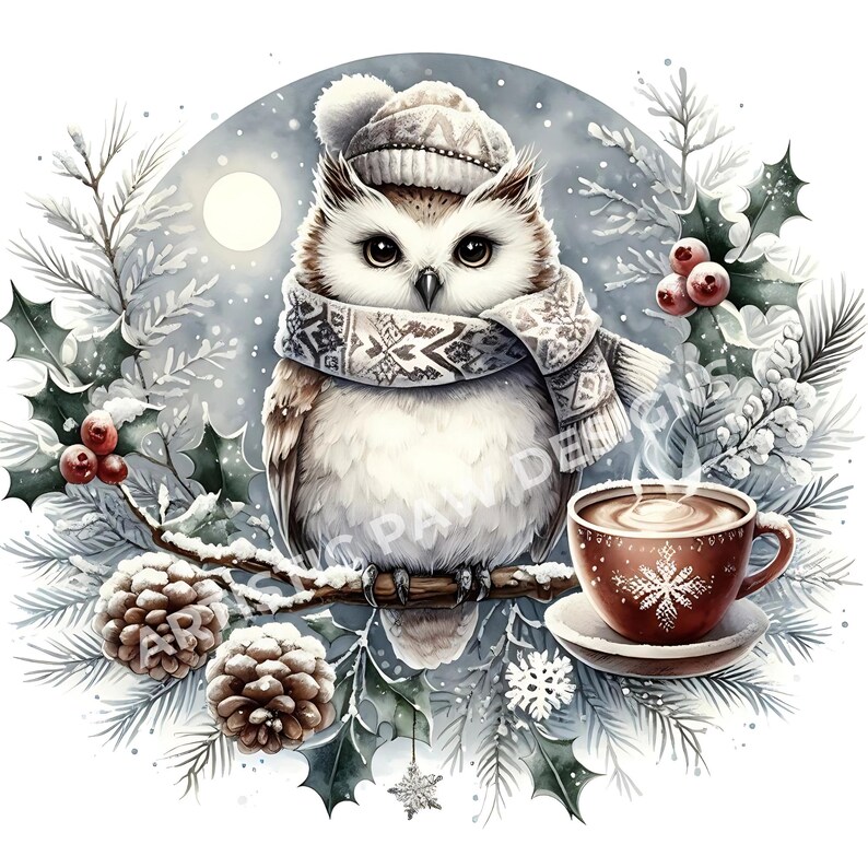 Winter Woodland Owl Clipart, Cute Forest Owl Clipart, Snowy Owl Clipart ...