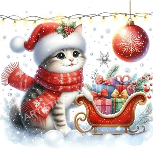 Watercolor Playful Christmas Cat Clipart - Cute Cat Clip Art, Cat Lover ...