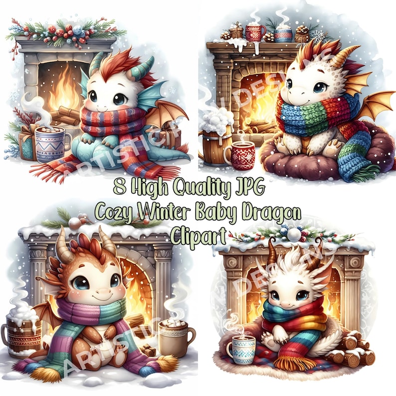 Cozy Winter Baby Dragon Clipart - Cute Fantasy Animal Art, Digital ...