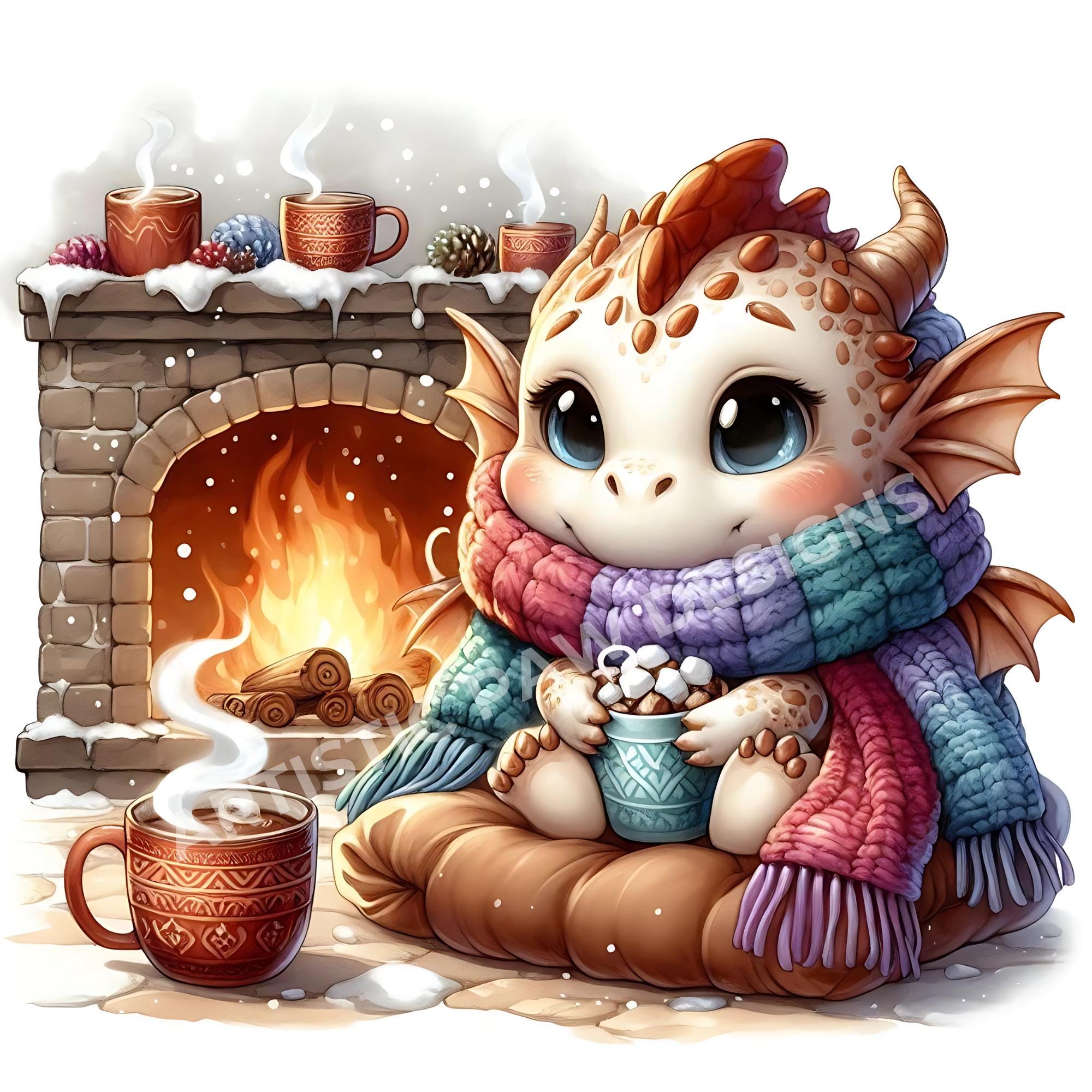 Cozy Winter Baby Dragon Clipart - Cute Fantasy Animal Art, Digital ...
