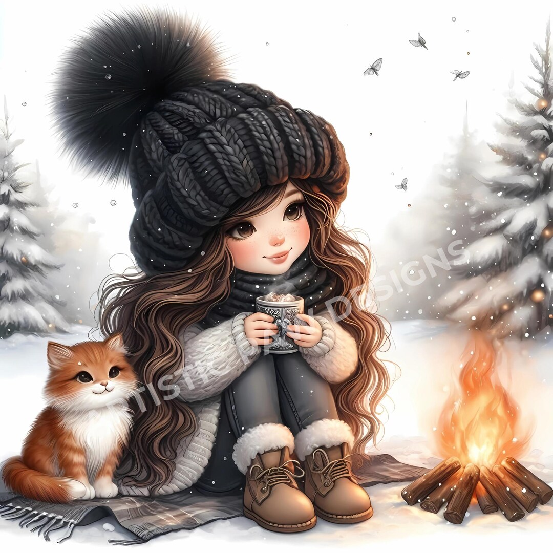 Watercolor Winter Gnome and Cat Clipart | Cozy Night Gnome With Cat ...