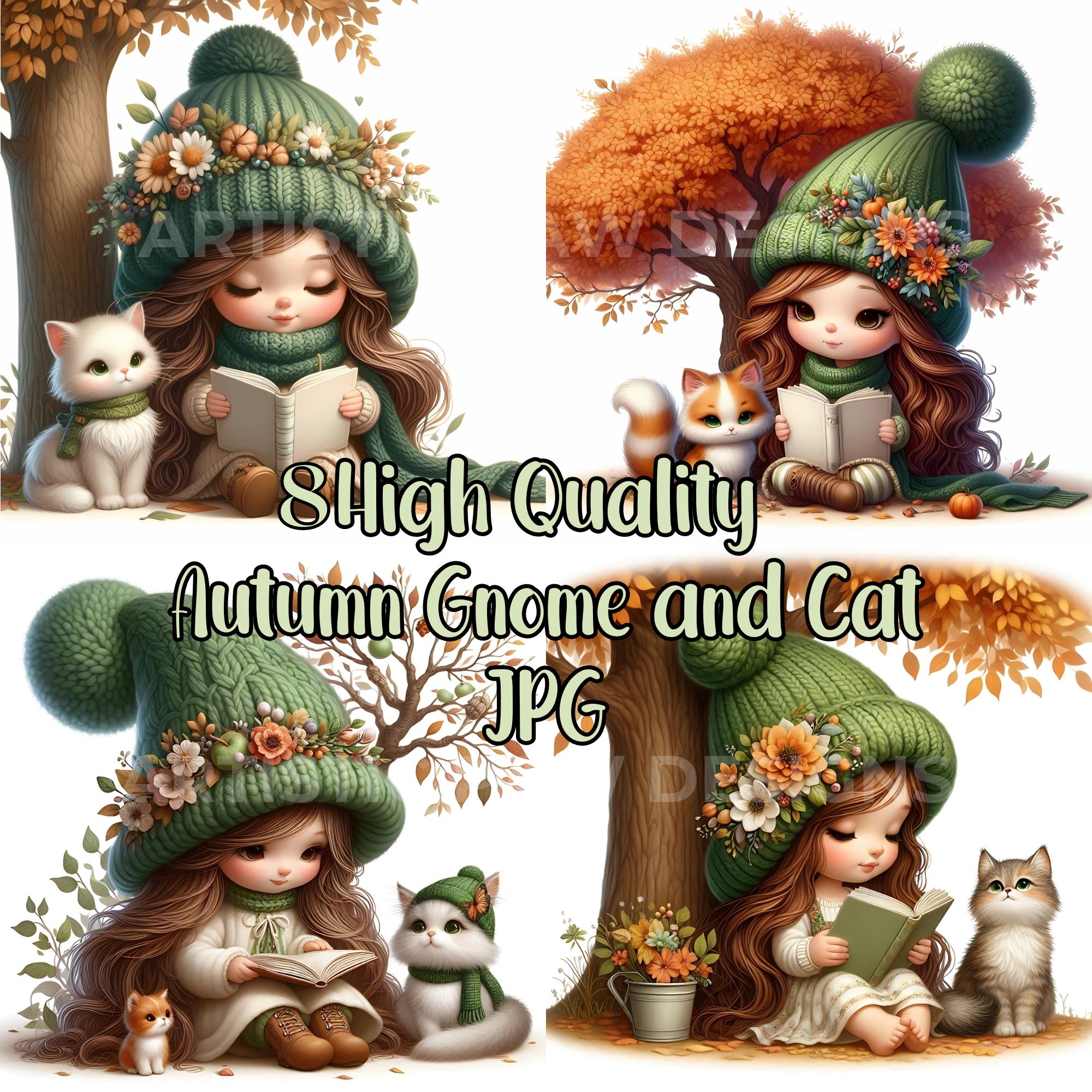 Autumn Gnome and Cat Clipart | 8 High Quality JPG | Cat and Gnome ...