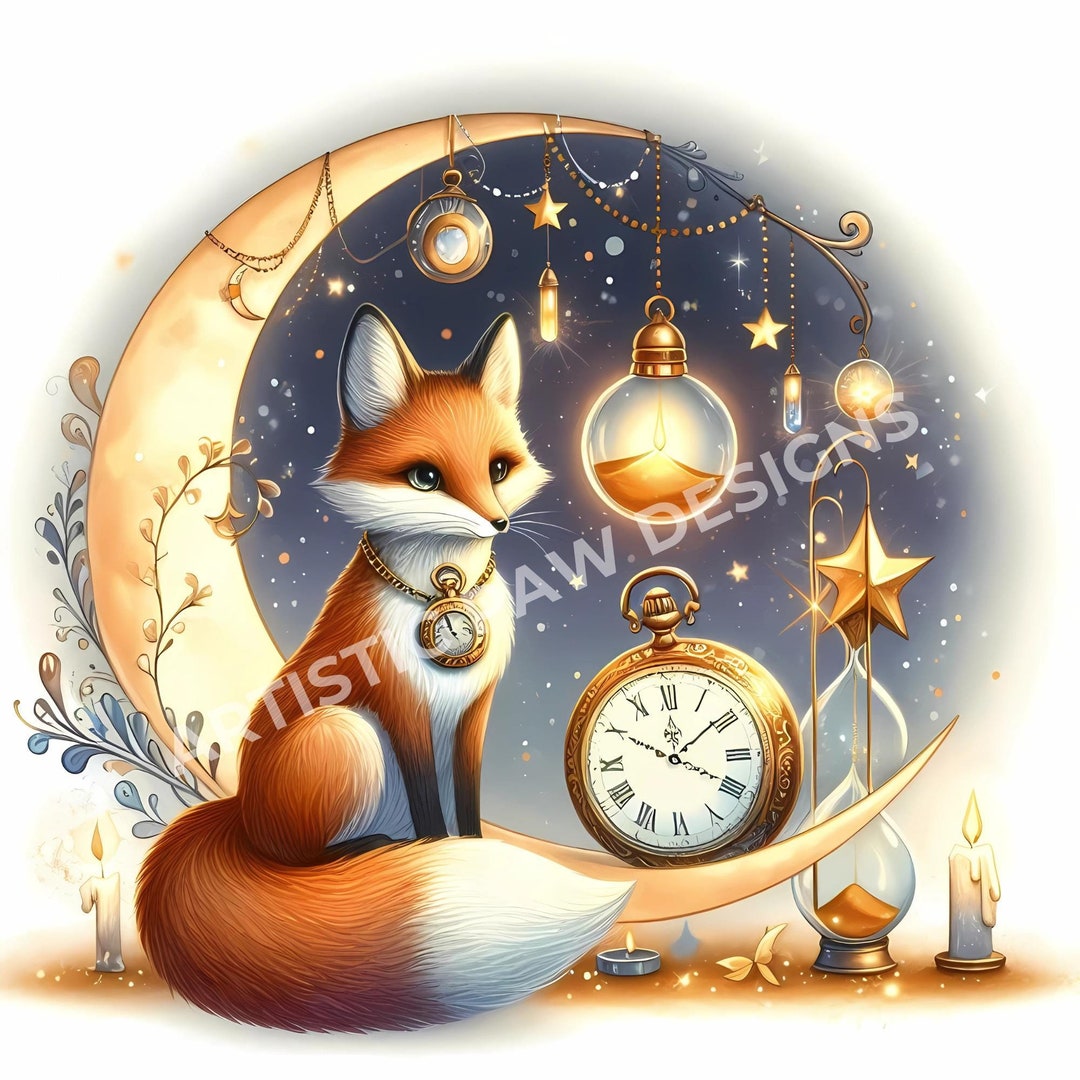 Timekeeper Fox Clock Clipart, Watercolor Whimsical Fox, Magical Animal ...