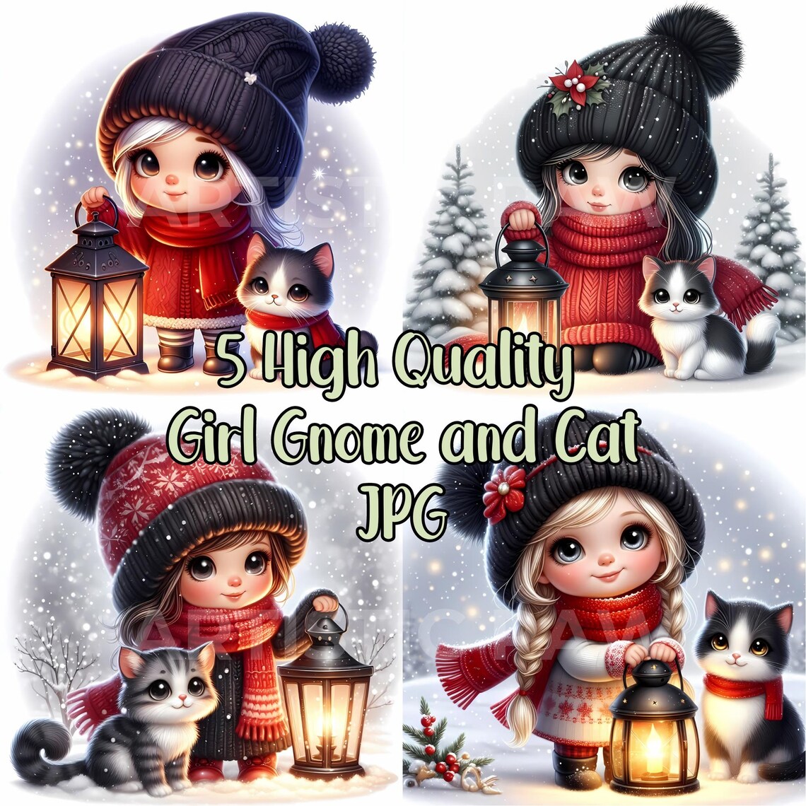Winter Gnome and Cat Clipart | 5 High Quality 300 DPI JPG | Tuxedo Cat ...