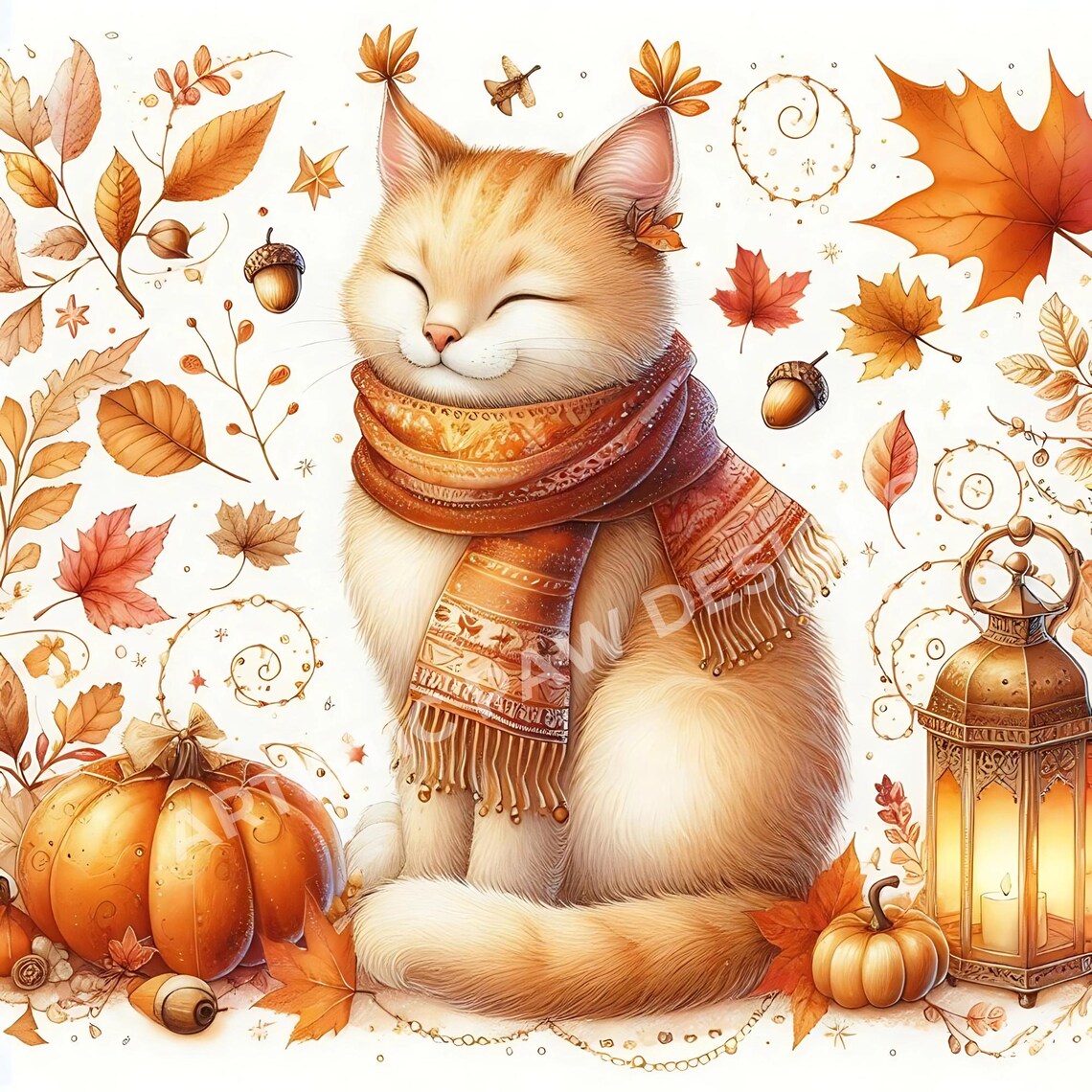 Autumn Cat Clipart - Cute Watercolor Fall Cat Art, Woodland Animal ...