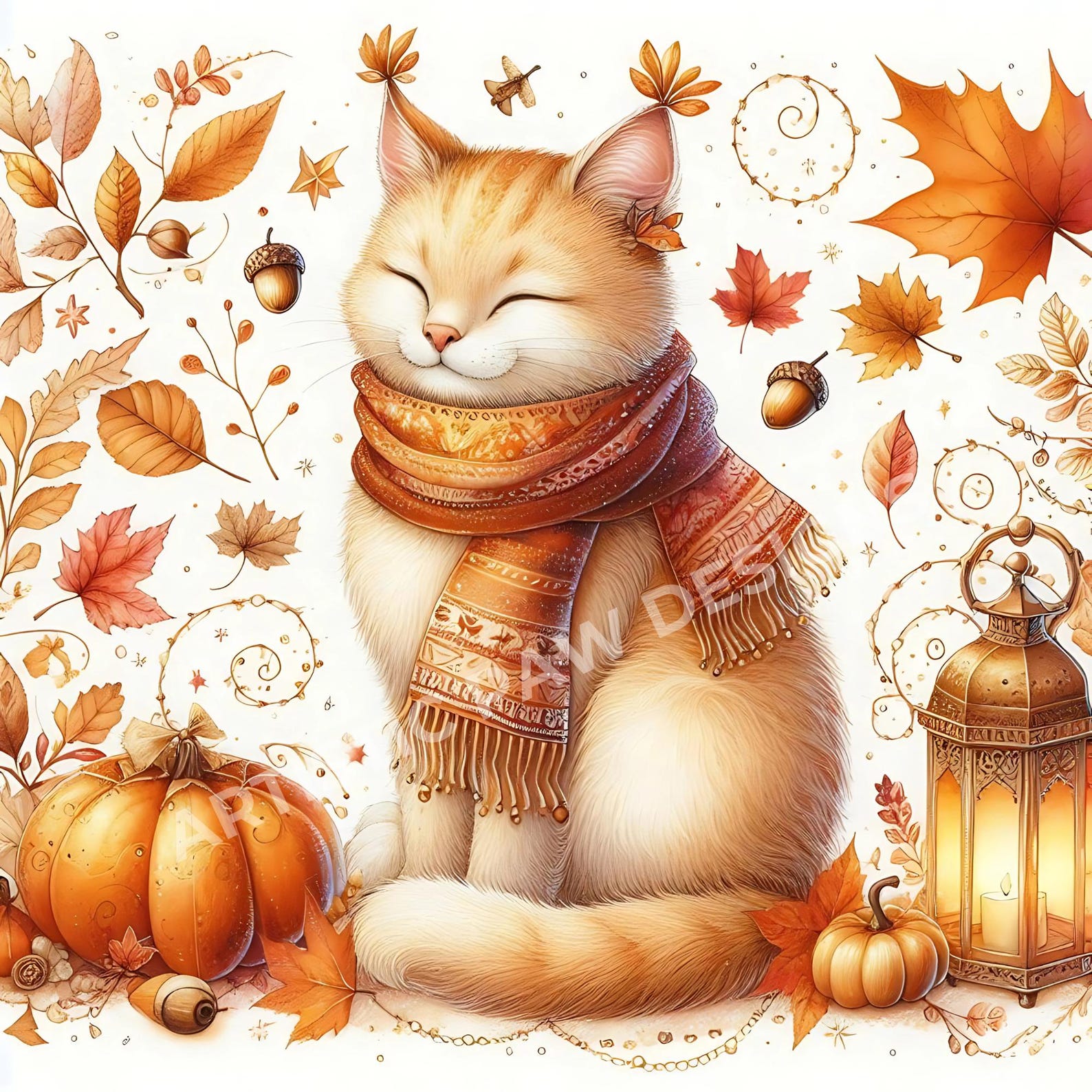 Autumn Cat Clipart - Cute Watercolor Fall Cat Art, Woodland Animal ...