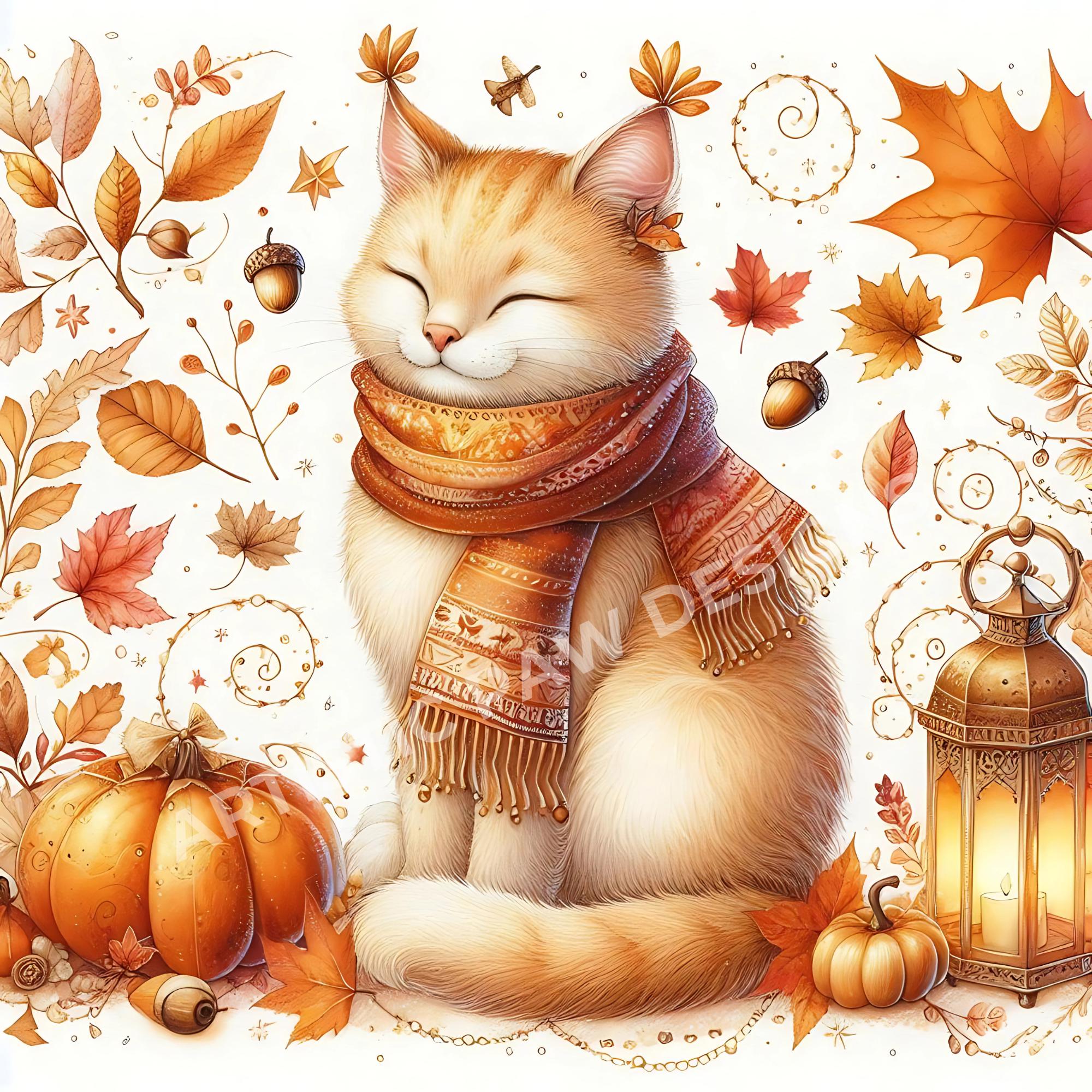 Autumn Cat Clipart Cute Watercolor Fall Cat Art, Woodland Animal ...