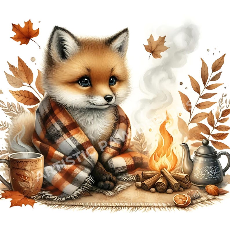 Cozy Autumn Fox Clipart - 10 Cute Fall Fox Illustration for Digital ...