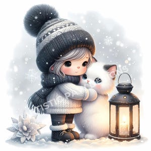 Winter Night Gnome and Cat Clipart | Cozy Watercolor Gnome and Cat ...