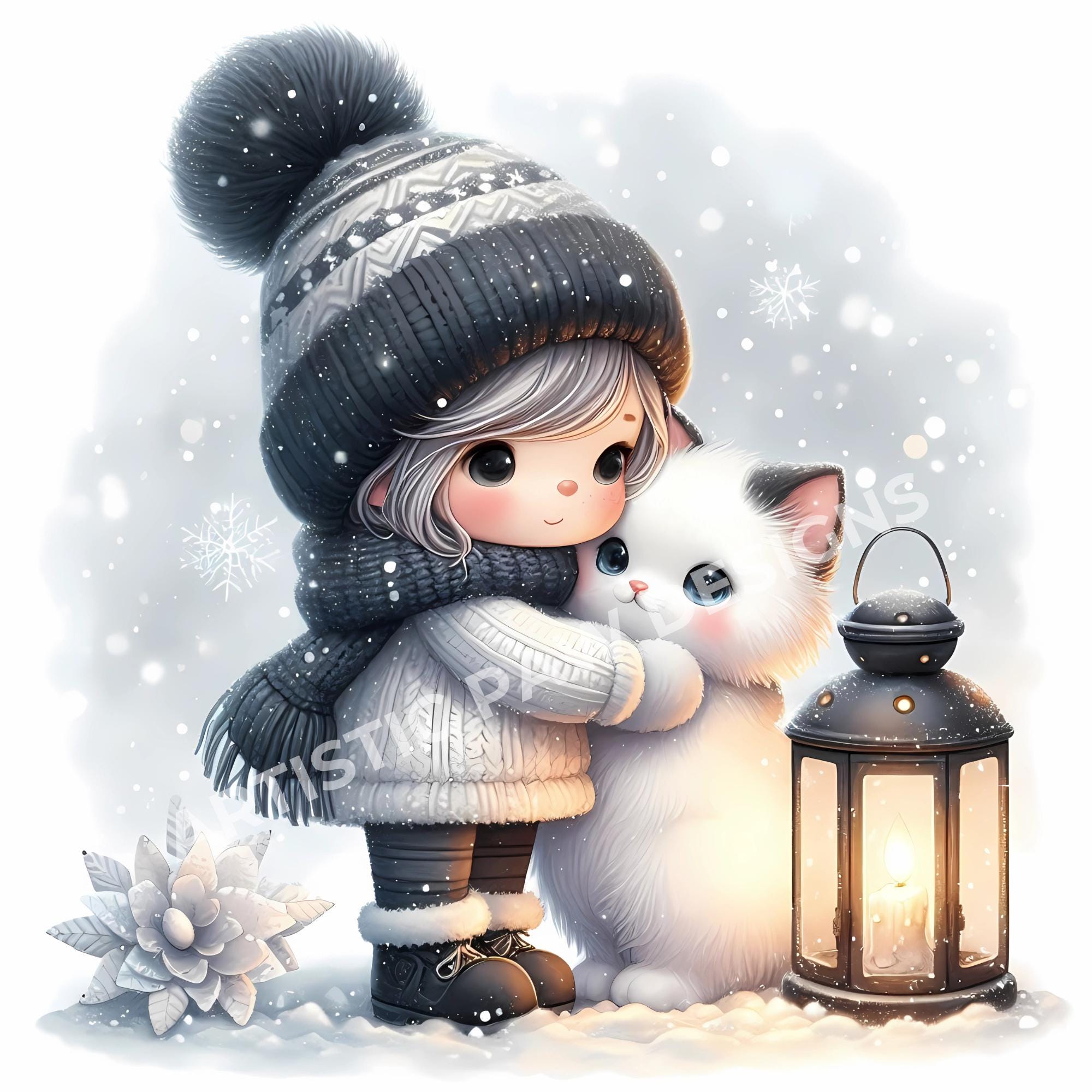Winter Night Gnome and Cat Clipart | Cozy Watercolor Gnome and Cat ...