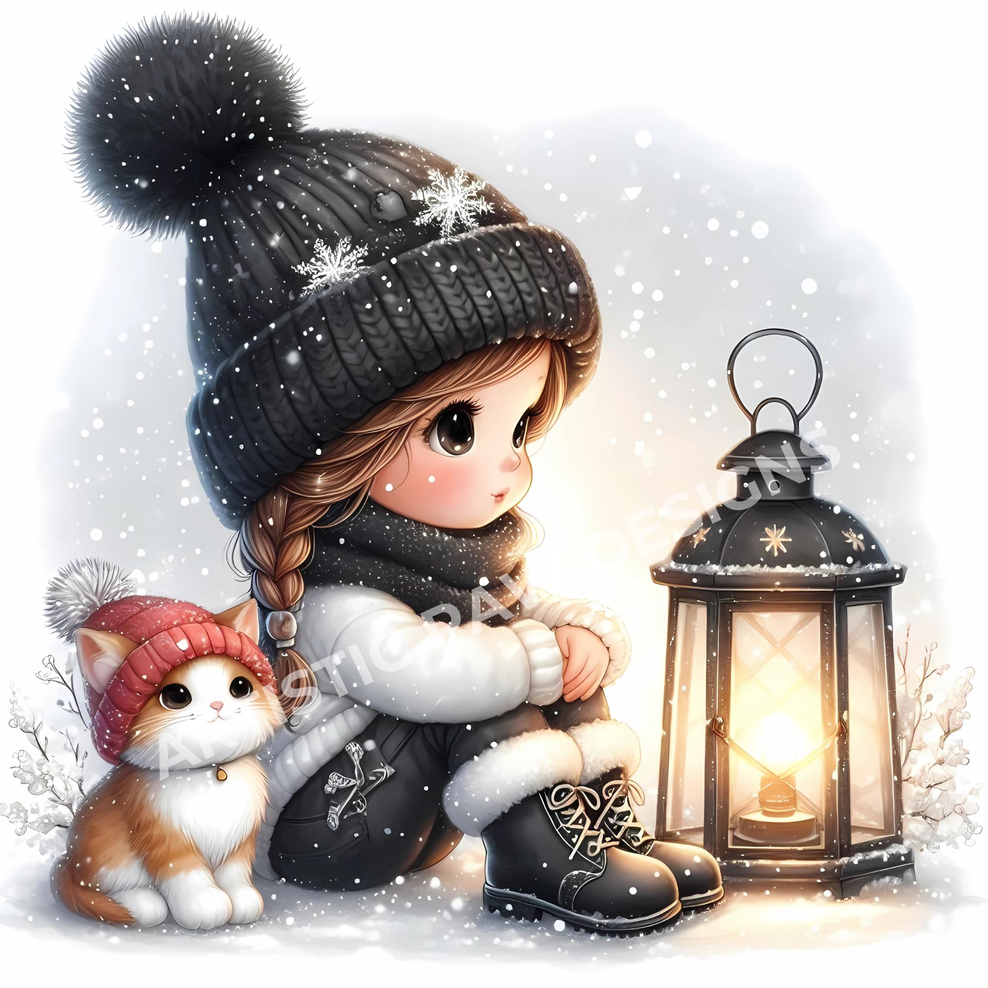 Winter Night Gnome and Cat Clipart | Cozy Watercolor Gnome and Cat ...