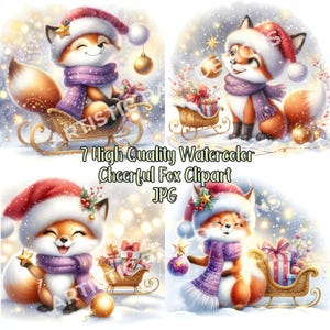Watercolor Fox Clipart - Cheerful Christmas Fox Art, Cute Winter Fox ...