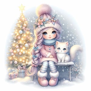 Pastel Gnome and Cat Winter Clipart | Cute Pastel Christmas Gnome JPG ...