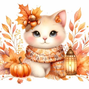 Autumn Cat Clipart - Cute Watercolor Fall Cat Art, Woodland Animal ...