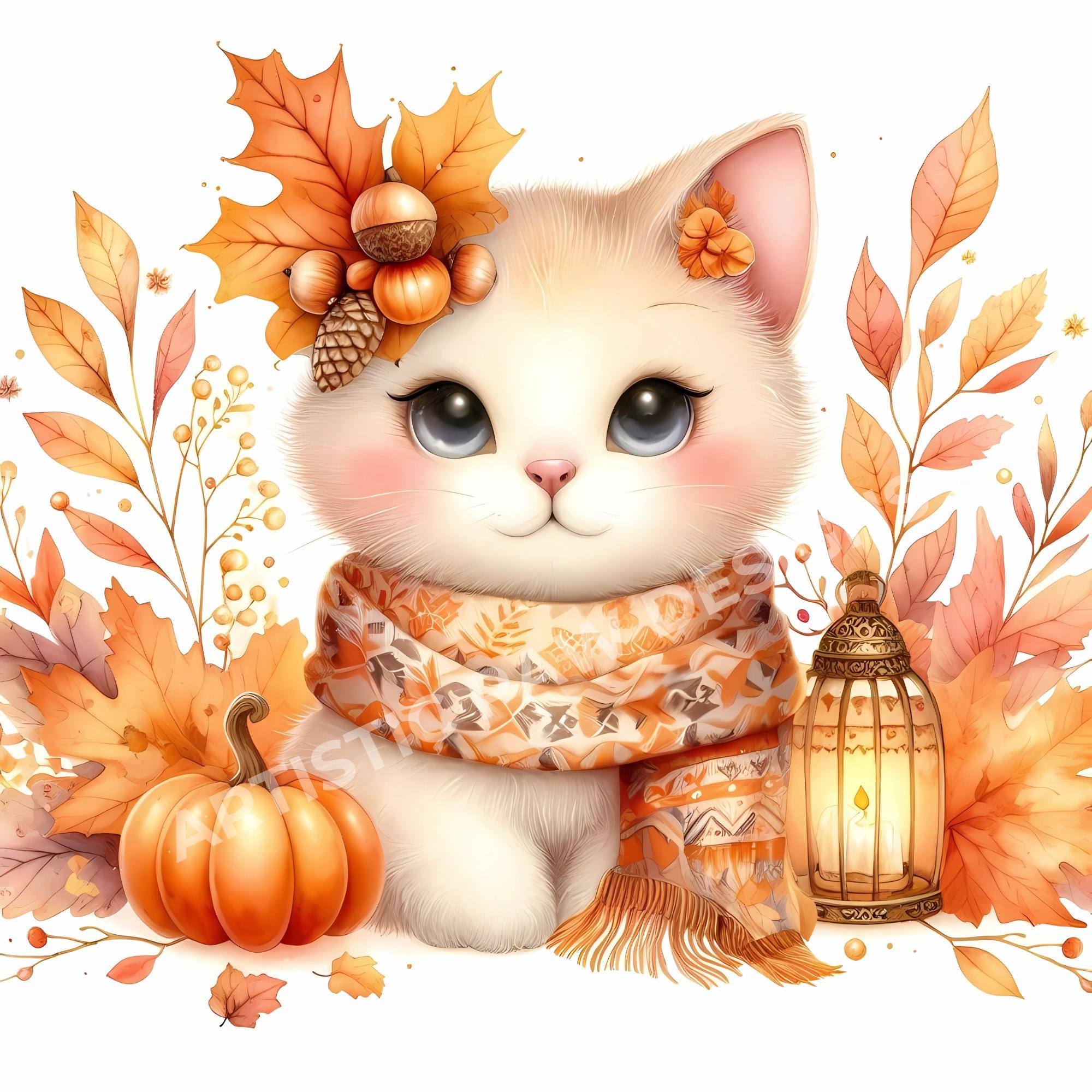 Autumn Cat Clipart - Cute Watercolor Fall Cat Art, Woodland Animal ...