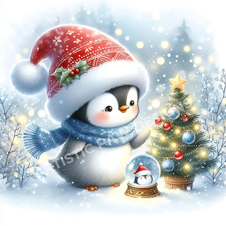 Watercolor Baby Penguin Clipart - Cute Winter Scene Clip Art, Holiday ...
