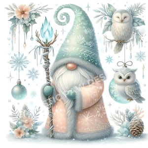 Pastel Watercolor Winter Gnome Clipart - Gnome and Owl Companion Art ...