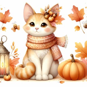 Autumn Cat Clipart - Cute Watercolor Fall Cat Art, Woodland Animal ...