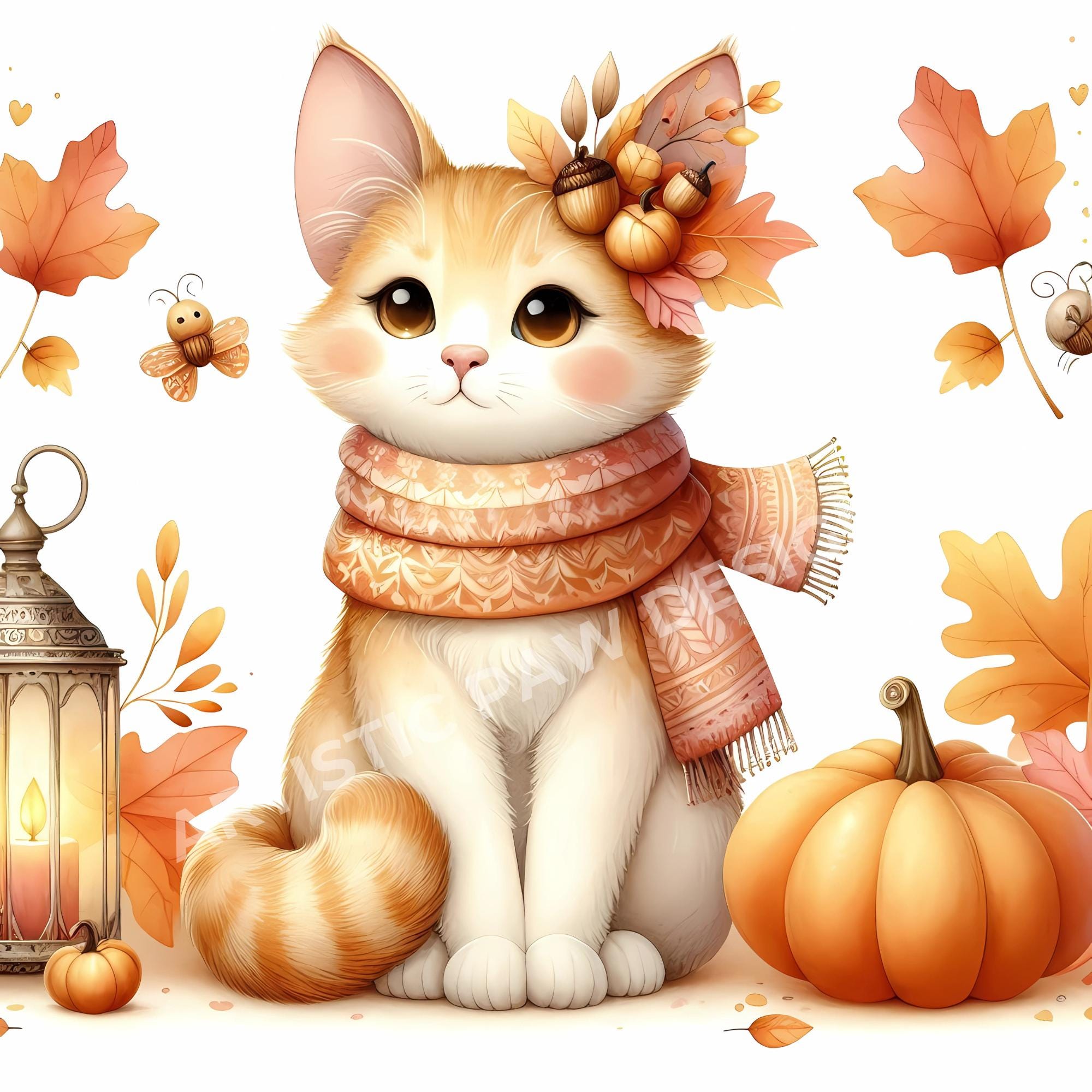 Autumn Cat Clipart Cute Watercolor Fall Cat Art, Woodland Animal ...