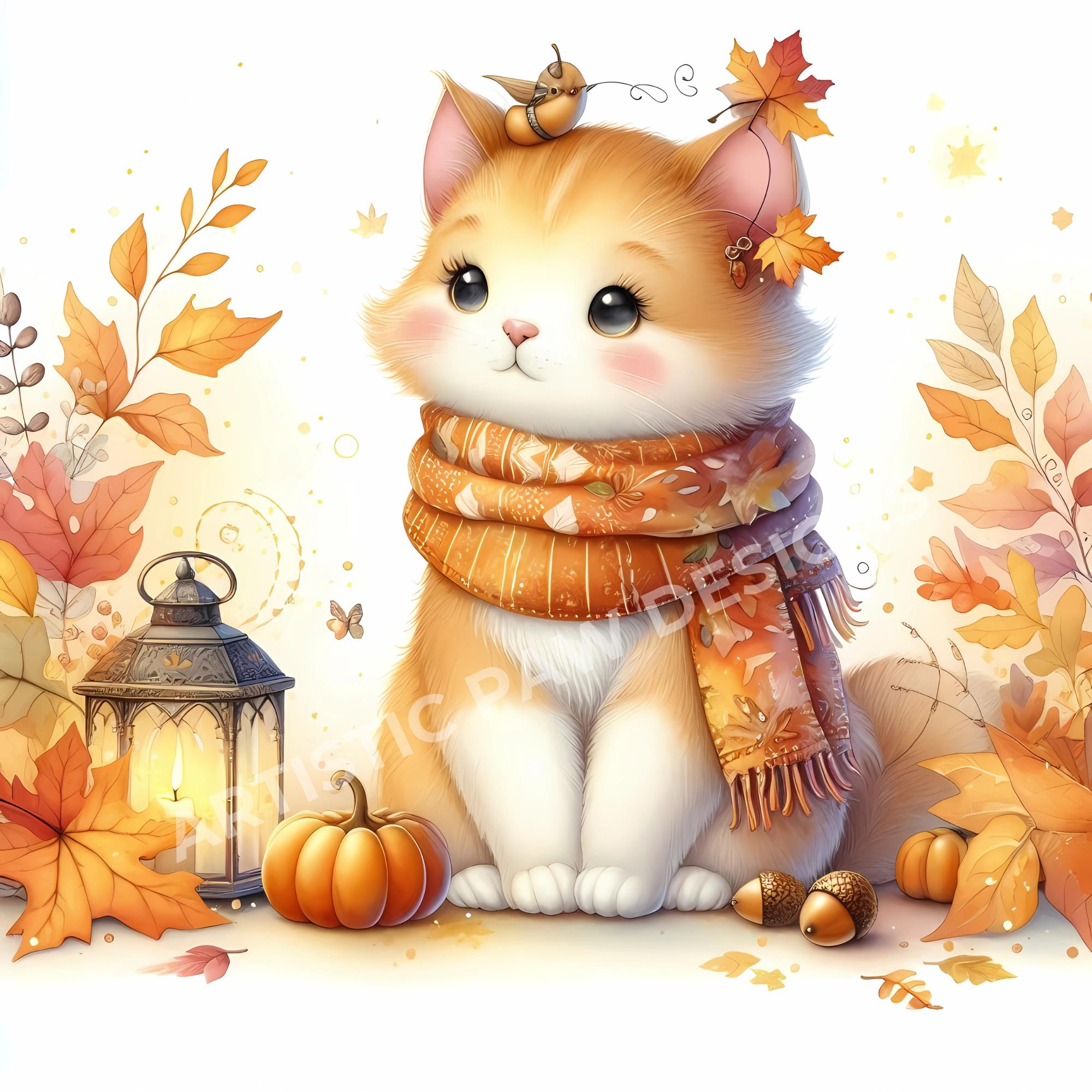 Autumn Cat Clipart Cute Watercolor Fall Cat Art, Woodland Animal ...