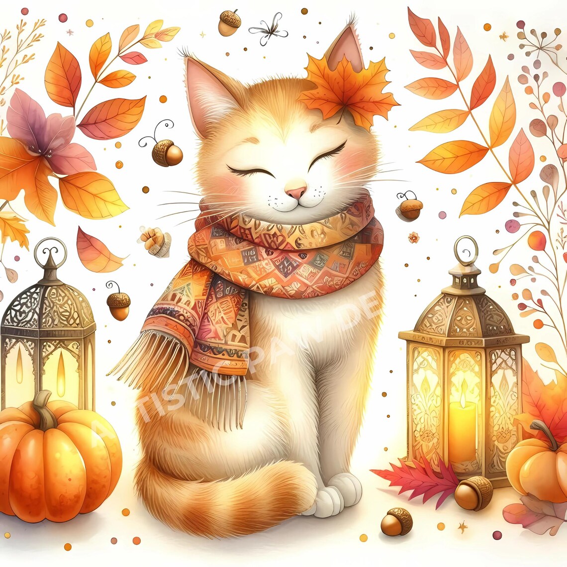Autumn Cat Clipart - Cute Watercolor Fall Cat Art, Woodland Animal ...