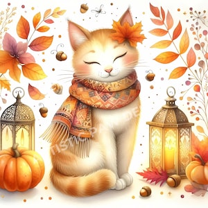 Autumn Cat Clipart - Cute Watercolor Fall Cat Art, Woodland Animal ...