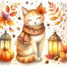 Autumn Cat Clipart - Cute Watercolor Fall Cat Art, Woodland Animal ...