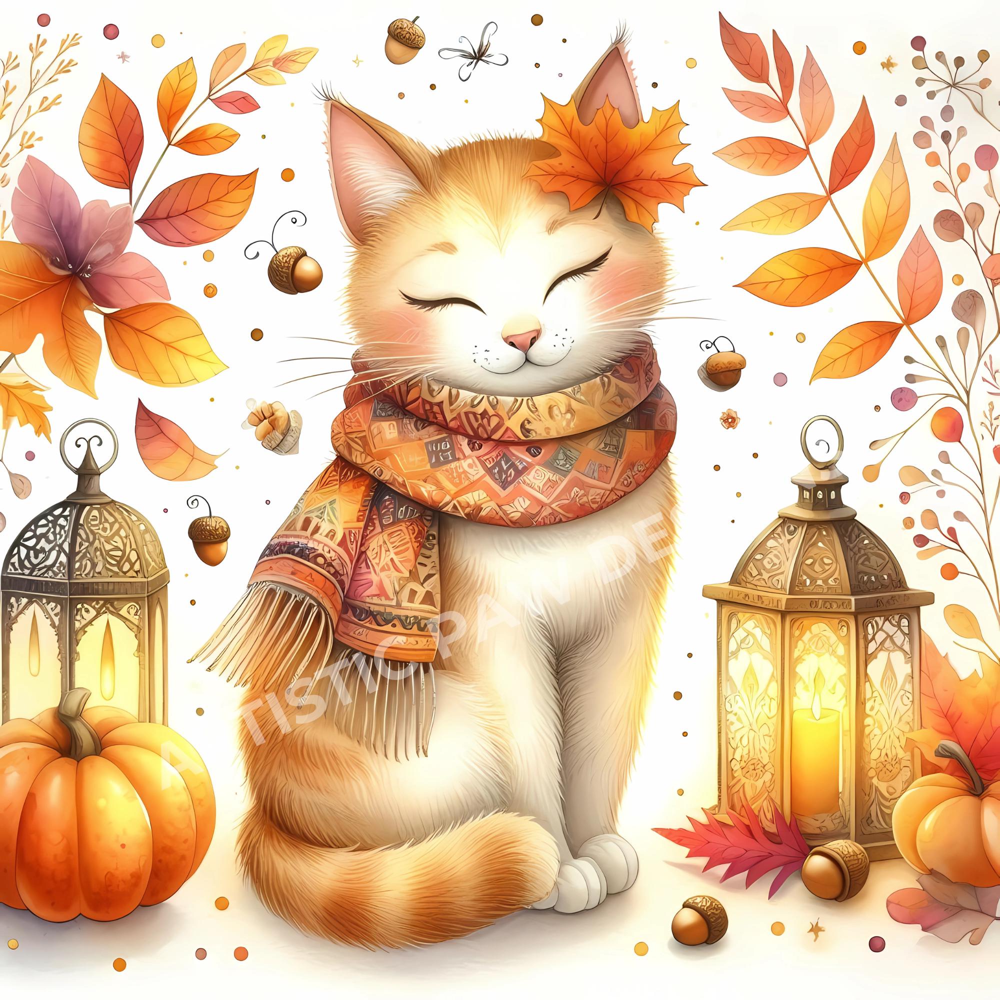 Autumn Cat Clipart Cute Watercolor Fall Cat Art, Woodland Animal ...