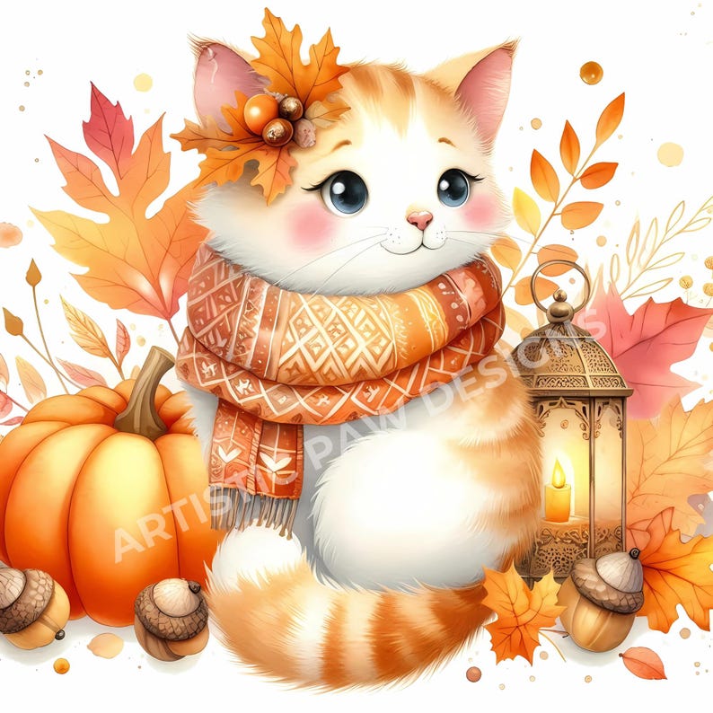 Autumn Cat Clipart - Cute Watercolor Fall Cat Art, Woodland Animal ...