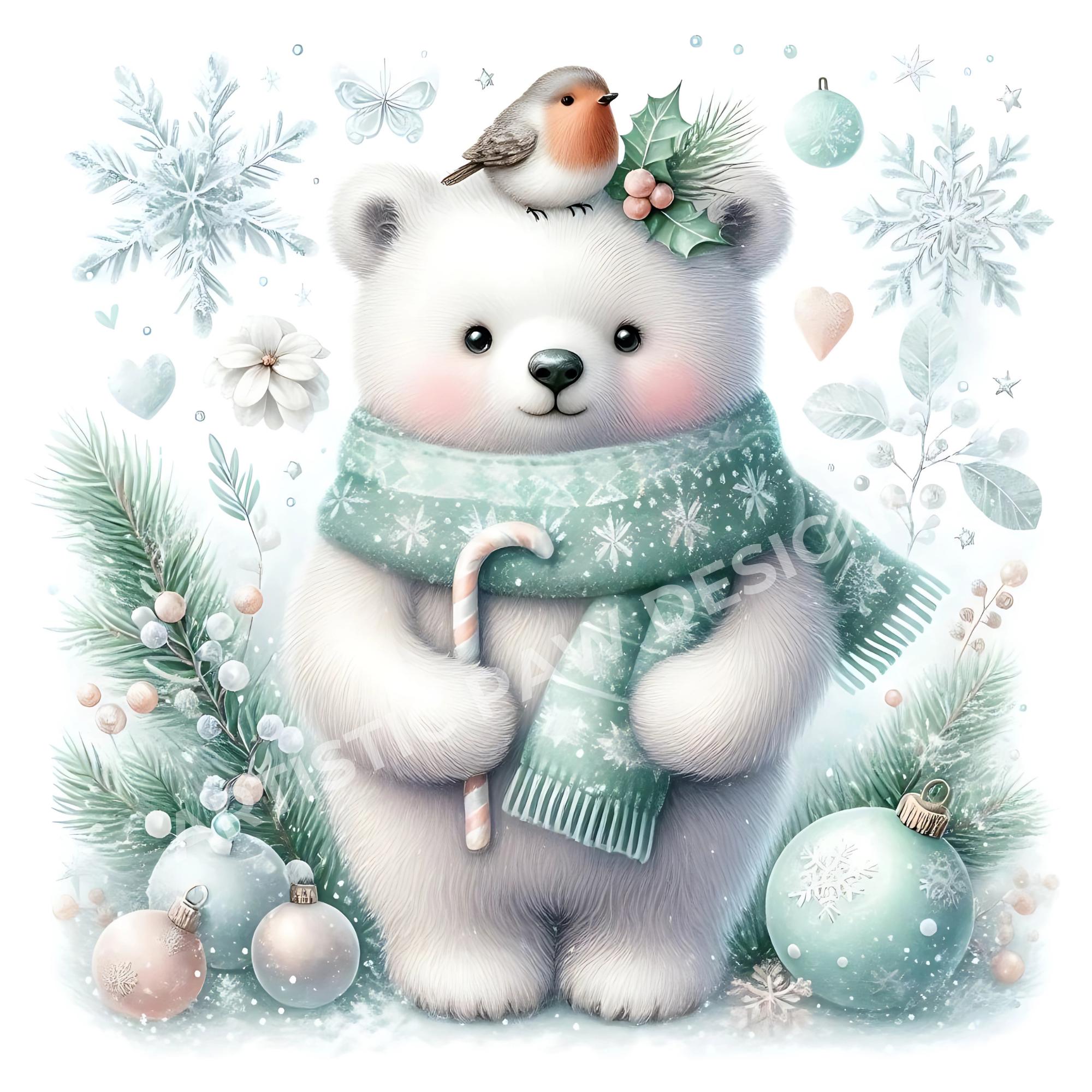 Cozy Christmas Polar Bear Clipart - Cute Watercolor Christmas Bear ...