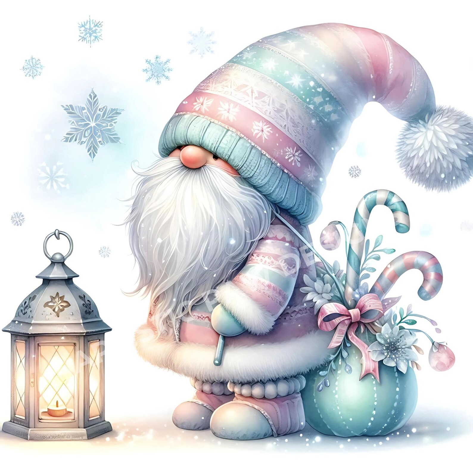 Pastel Winter Gnome Clipart, Watercolor Christmas Gnome Art, Snowflake ...
