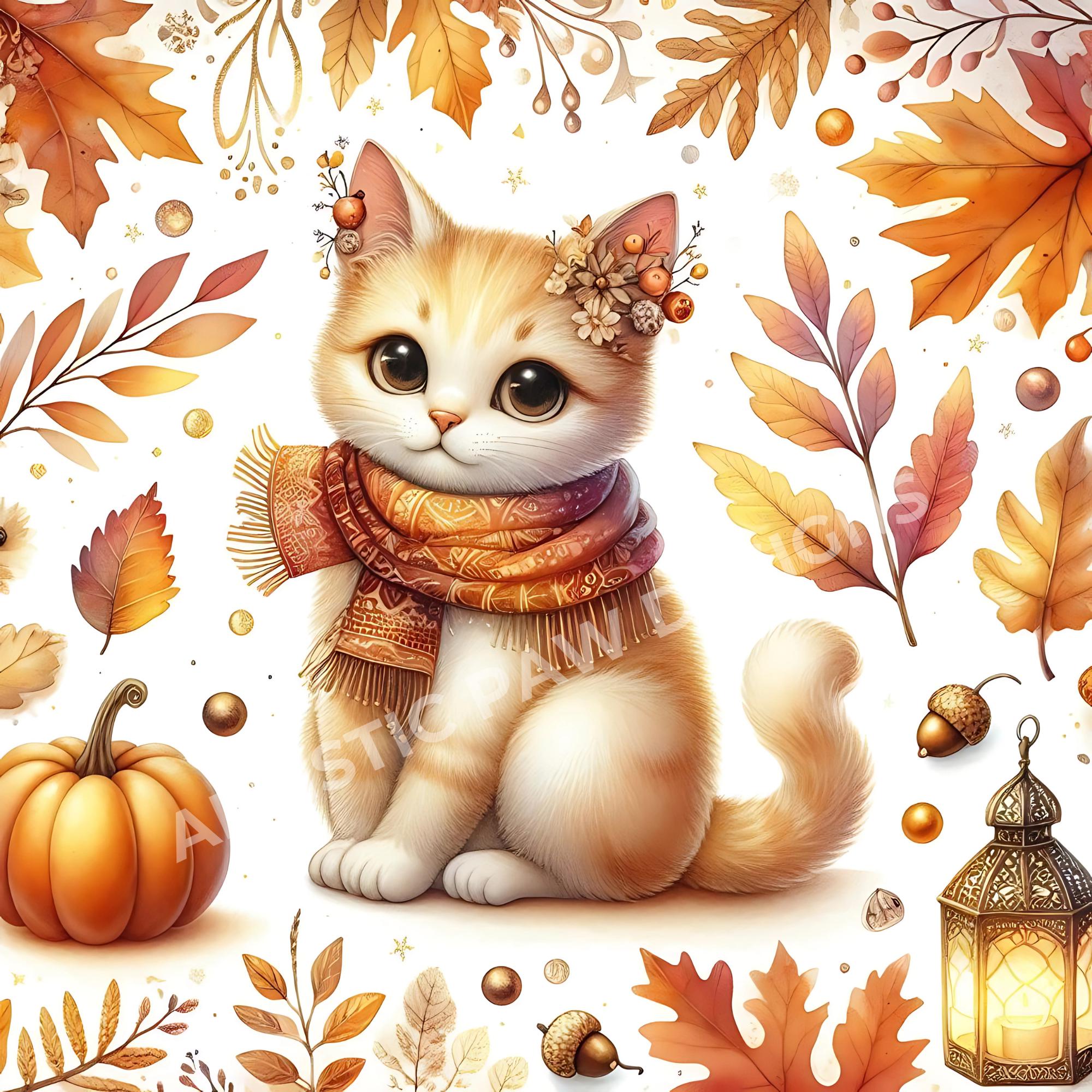 Autumn Cat Clipart - Cute Watercolor Fall Cat Art, Woodland Animal ...