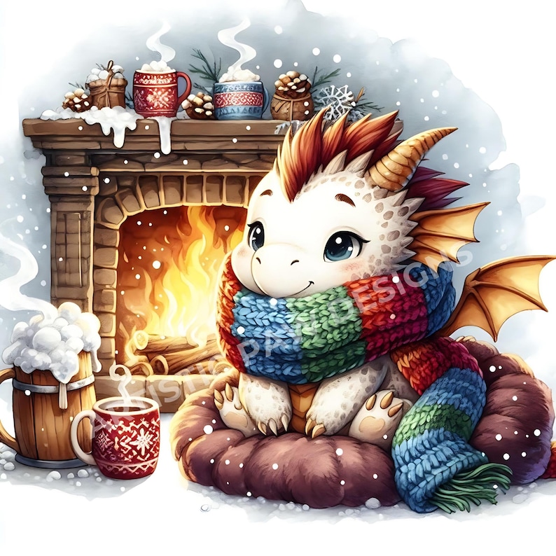 Cozy Winter Baby Dragon Clipart - Cute Fantasy Animal Art, Digital ...