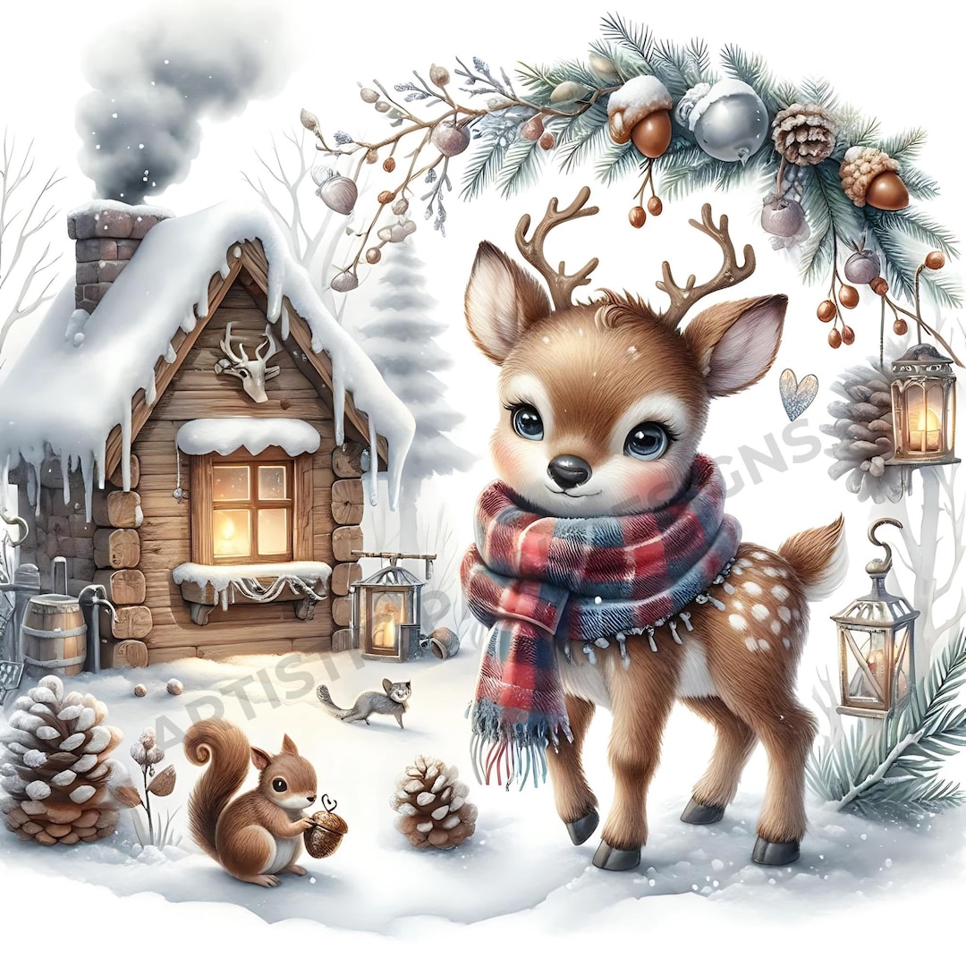 Woodland Christmas Reindeer Clipart, Cute Festive Reindeer Art, Winter ...