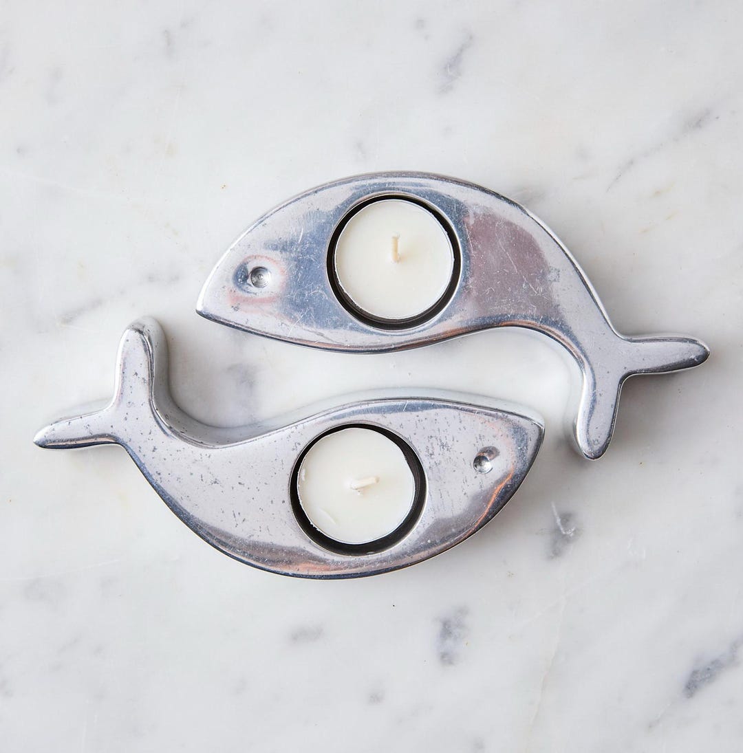 Silver Fish Tealight Candle Holders, Set of 2, Pewter Aluminum Metal ...