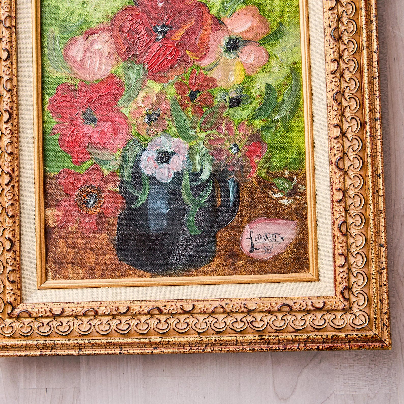 Original Red Floral Acrylic Painting: Gilded Gold Frame, Signed - Etsy