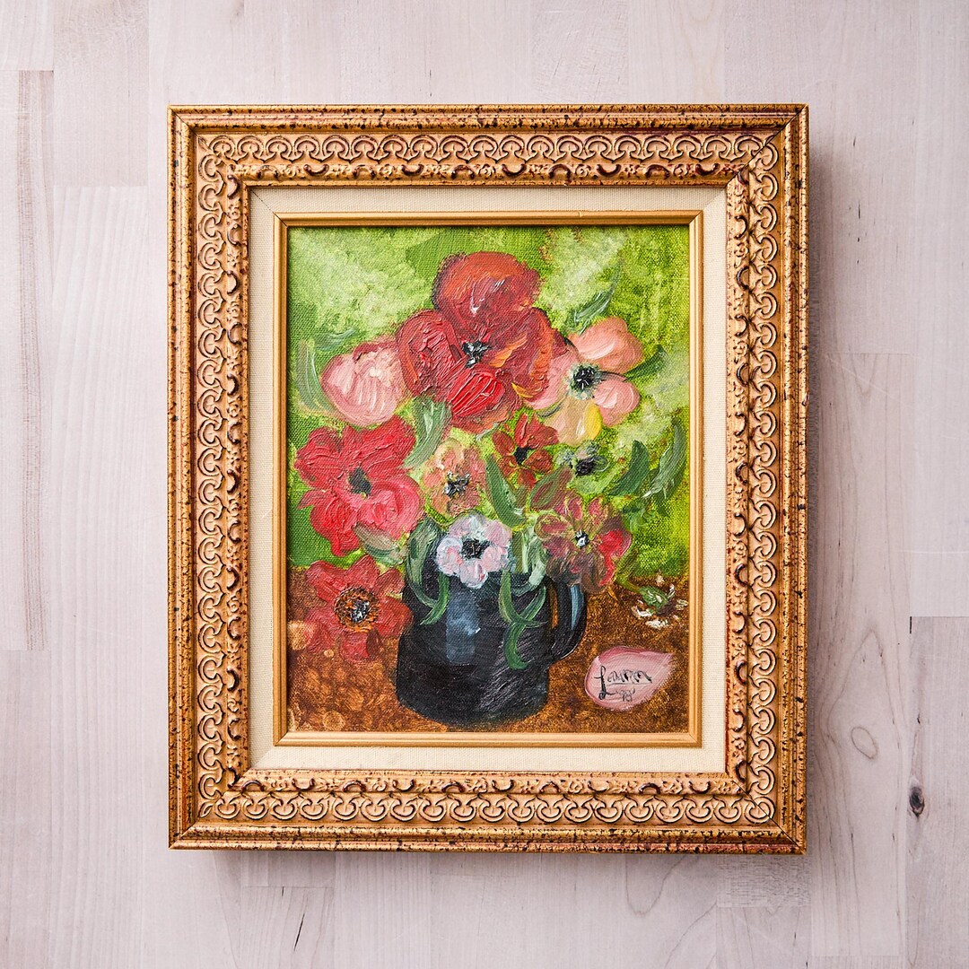 Original Red Floral Acrylic Painting: Gilded Gold Frame, Signed - Etsy