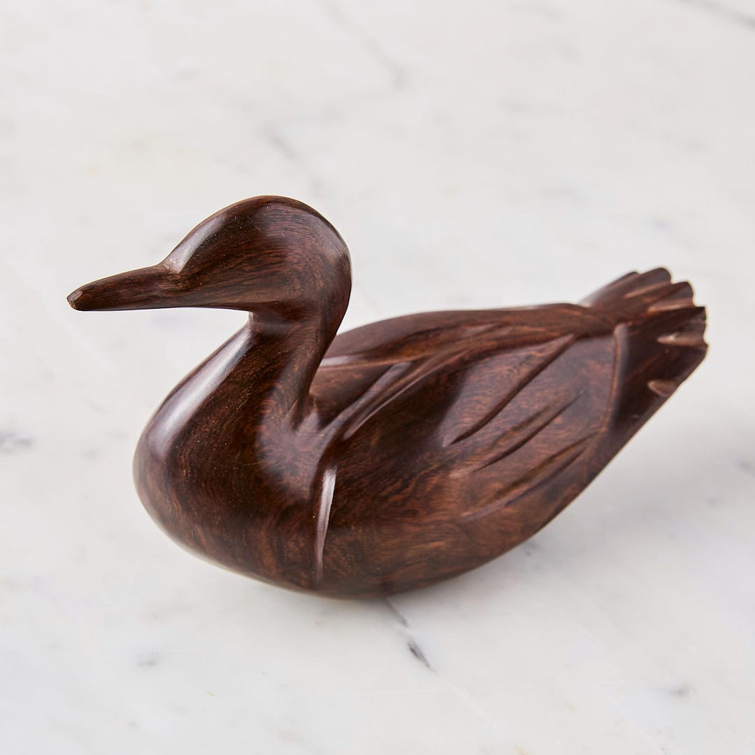 Vintage Solid Wood Duck Figurine, Hand Carved Smooth Dark Wooden Bird ...